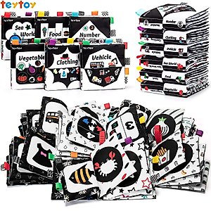 teytoy Baby Soft Cloth Book Set 6 PCS, Black and White High Contrast Baby Activity Crinkle Books for 0 3 6 9 12 Months Newborn Infants Babies Boys and Girls Early Educational Learning Toys