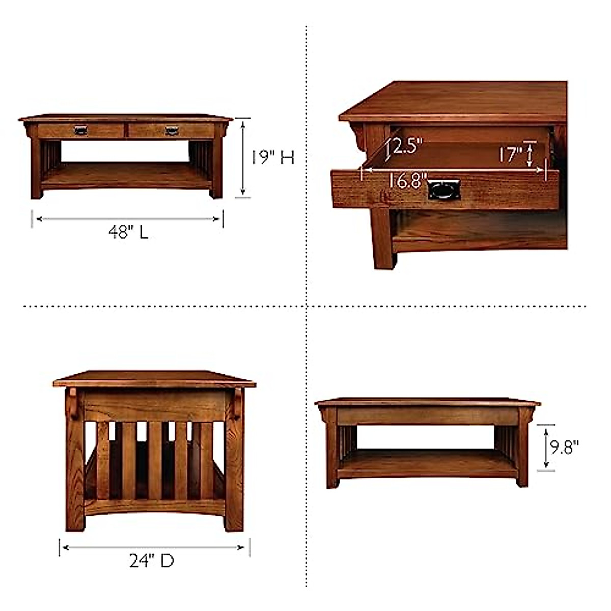 Leick Home 8204 Mission Impeccable Coffee Table for Living Room, Two Drawers and Shelf, Made with Solid Wood, Medium Oak Finish