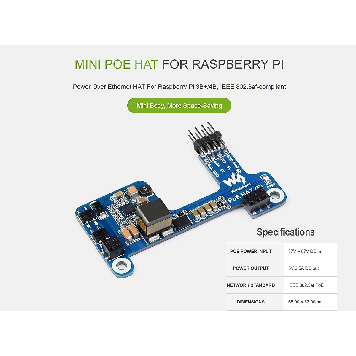 Power Over Ethernet POE HAT for Raspberry Pi 4B/3B+, IEEE 802.3af-Compliant, Mini POE HAT Support Connecting Cooling Fan, Compatible with The Raspberry Pi Official Case