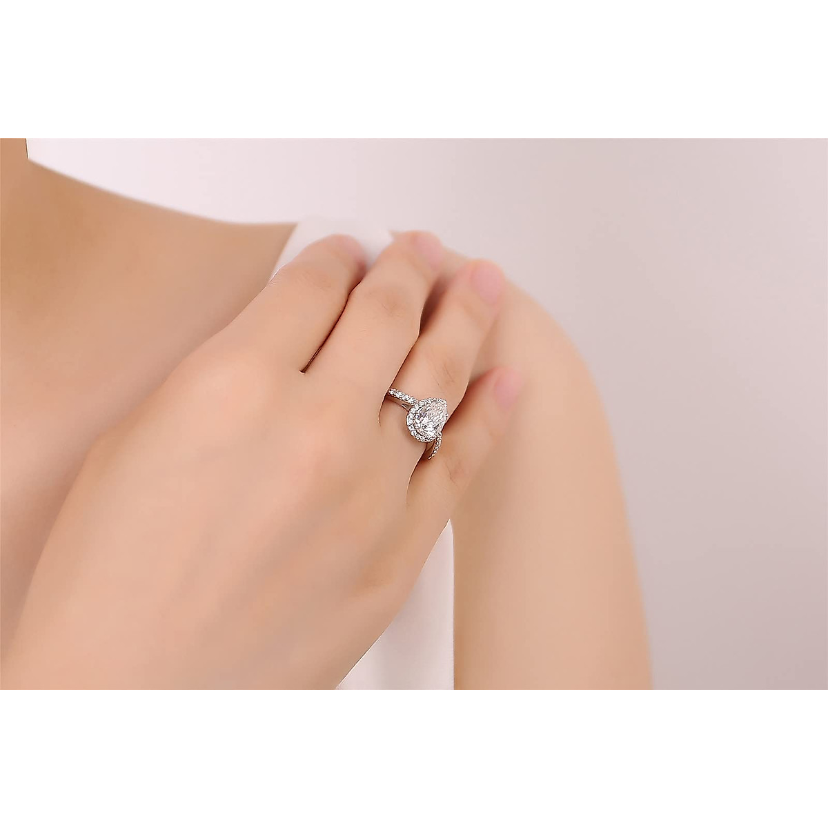 Diamond Jewelry Pear Shape Center Moissanite G-H Color 0.50CT 6MM Wedding Engagement Sterling Silver Ring With Accents For Women (6)