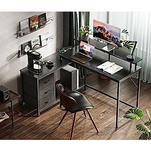 Huuger Reversible L Shaped Computer Desk with Drawers, Gaming Desk with LED Lights and Power Outlets, Office Desk with Storage Shelves, for Home & Office, Black