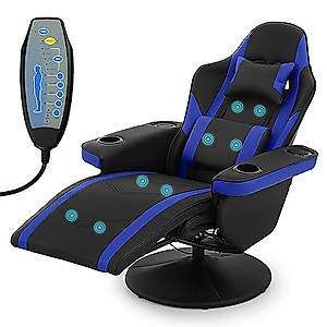 MoNiBloom Gaming Recliner Chair with Speaker Massage Gaming Chair with Detachable Lumbar Pad and Headrest, Ergonomic Theater Chair Living Room Gamer Chair with Cup Holder and Storage Bag, Blue