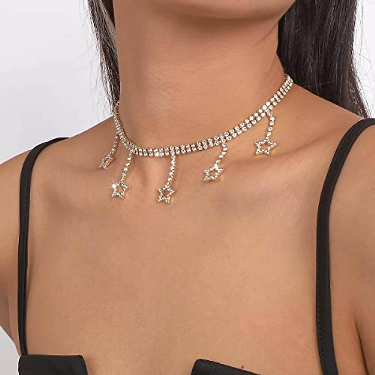 Chargances Sparkly Rhinestone Star Pendant Choker Gold Statement Crystal Necklace Dainty Star Jewerly for Women and Girls (Gold)