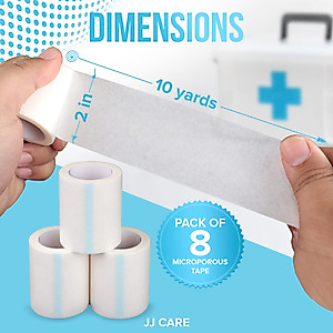 JJ CARE Micropore Tape [Pack of 8], 2” x 10 Yards, Breathable Paper Tape Medical Use, Latex-Free Paper Surgical Tape, Individually Boxed Paper Bandage Tape Rolls
