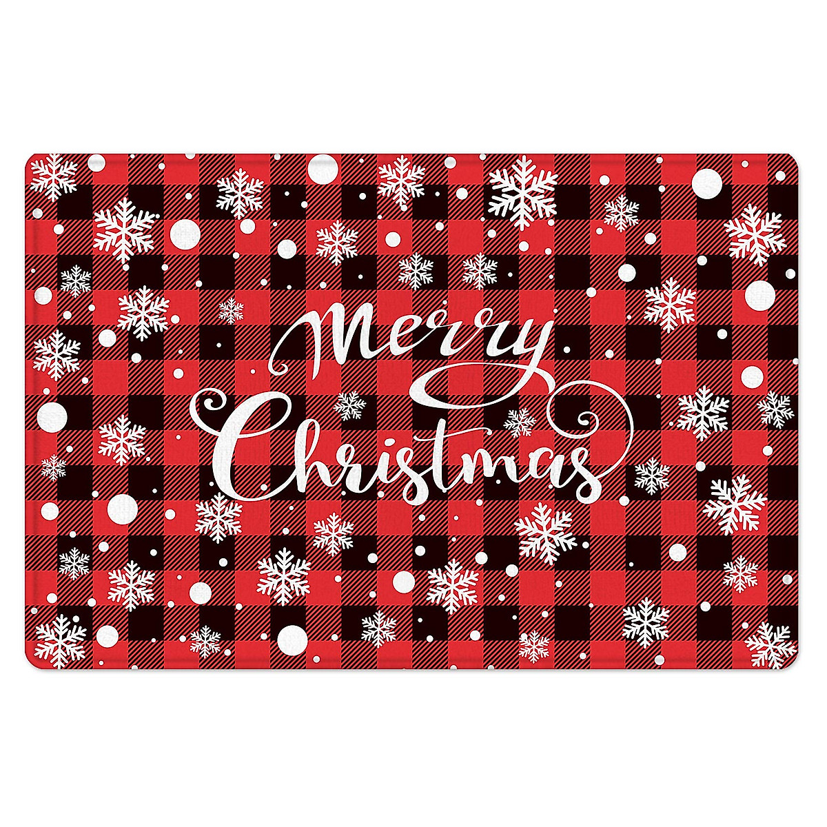 HVEST Christmas Memory Foam Bath Mat, White Merry Christmas on Red and Black Plaid Background Non Slip Bath Rug Kitchen Mat Door Mat Washable Absorbent Bathroom Décor Rug, 16 X 24 Inches