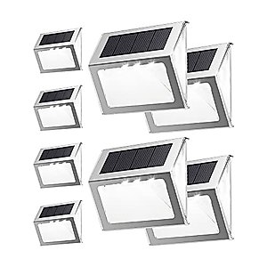 JACKYLED 7 LED Outdoor Solar Lights 8 Pack, 3-Side Lighting Solar Fence Lights, Waterproof Outside Solar Powered Deck Lights for Garden Backyard Patio Pathway Step Stair Deck Fence, Cool White