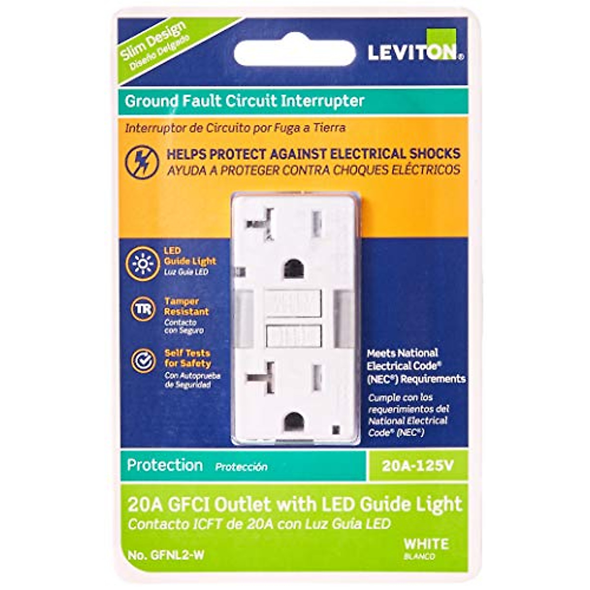 Leviton GFCI Outlet with Guidelight, 20 Amp, Self Test, Tamper-Resistant with LED Indicator Light, Replaces Plugged in Night Light, GFNL2-W, White