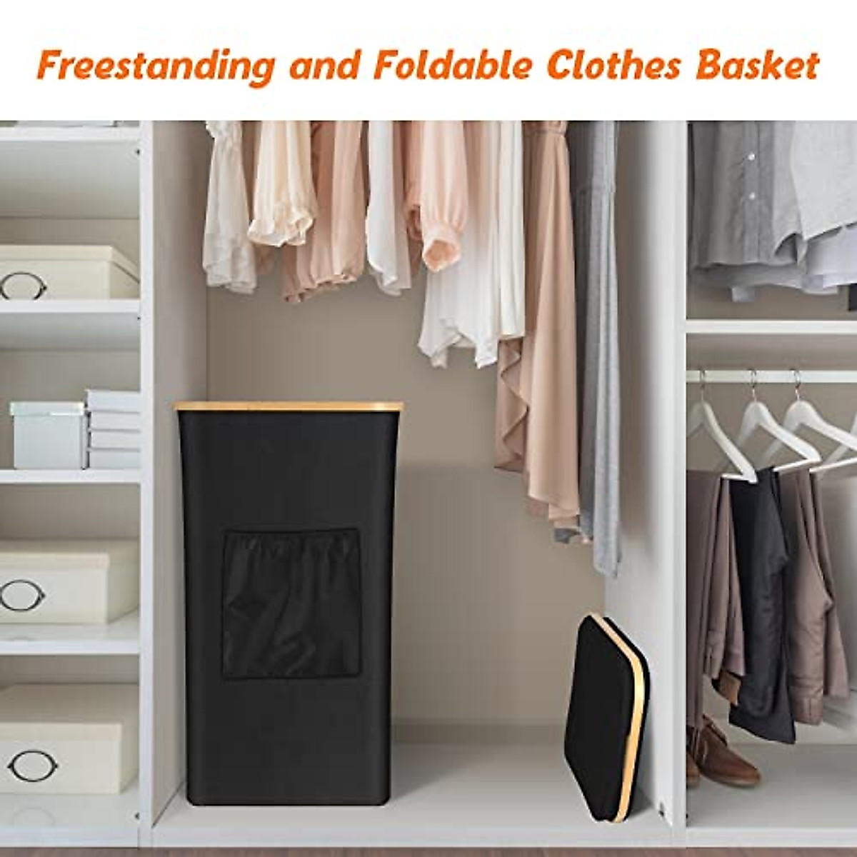 GLCONN Flip-Lid Laundry Hamper Tall Laundry Basket - Collapsible Laundry Bin Storage Basket - Large Hampers with Lid for Laundry, Toys, Clothes, Bedroom, Bathroom, Nursery, Closet - 105L, Black