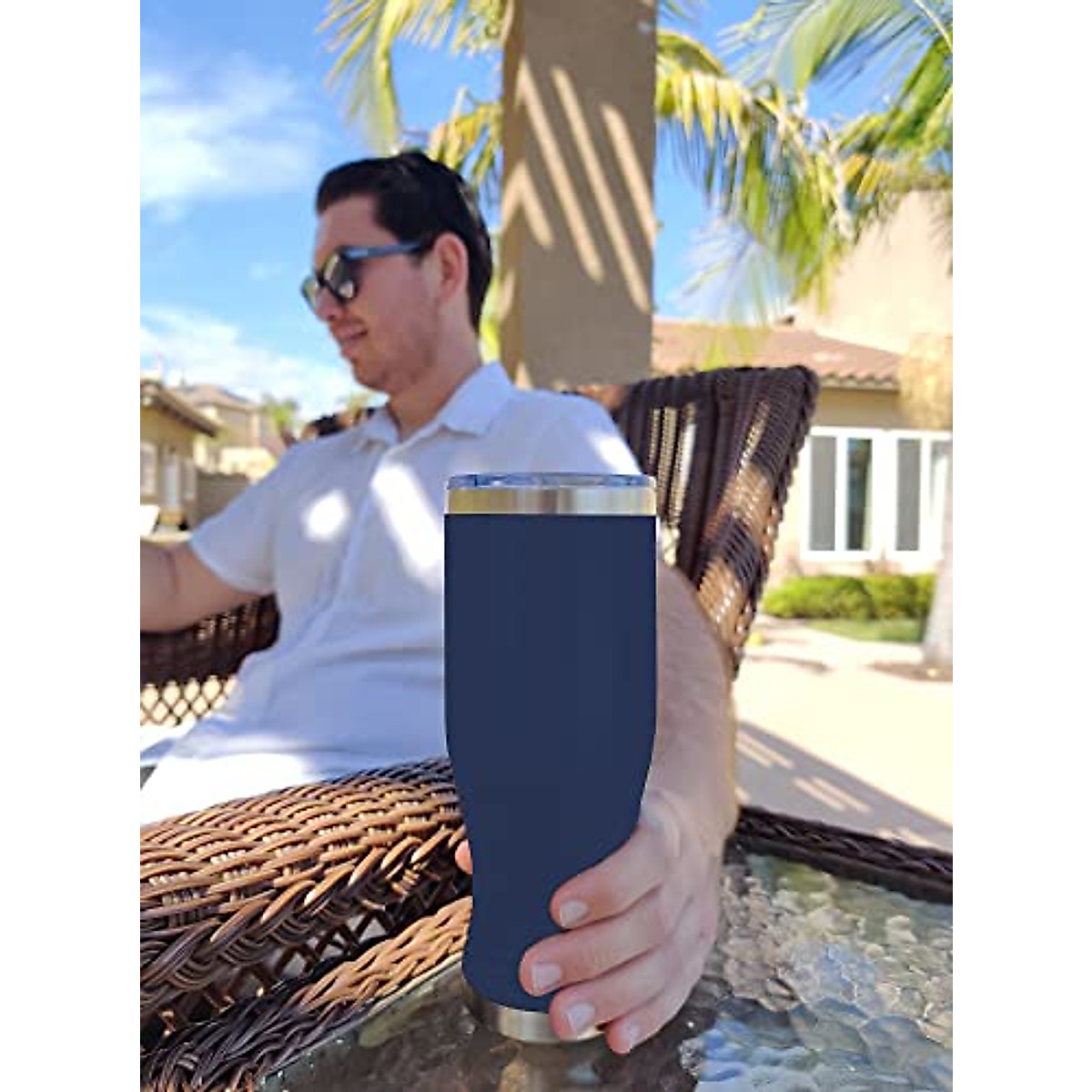 LaserGram 14oz Vacuum Insulated Pilsner Mug, Keep Calm and Play Field Hockey, Personalized Engraving Included (Navy Blue)