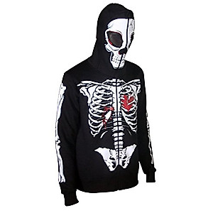 SKYLINEWEARS Men Full Face Mask Skeleton Skull Hoodie Sweatshirt Halloween Costume Hoodie Black S