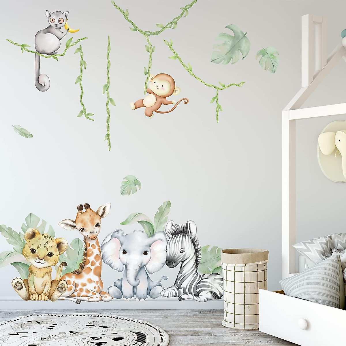 59.05x53.14 Inch Woodland Animals Wall Decals Wall Tree Decals Forest Animal Wall Decal Elephant Zebra Monkey Giraffe Nursery Decor for Home Baby Room Decorations Boys Girls Bedroom Art