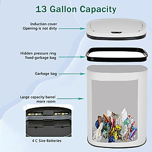 13 Gallon Kitchen Trash Can Automatic Garbage Can with Lid, 50 Liter Trash Bin Touch Free Garbage Bin High-Capacity Brushed Stainless Steel Waste Bin for Bathroom Bedroom Home Office, White