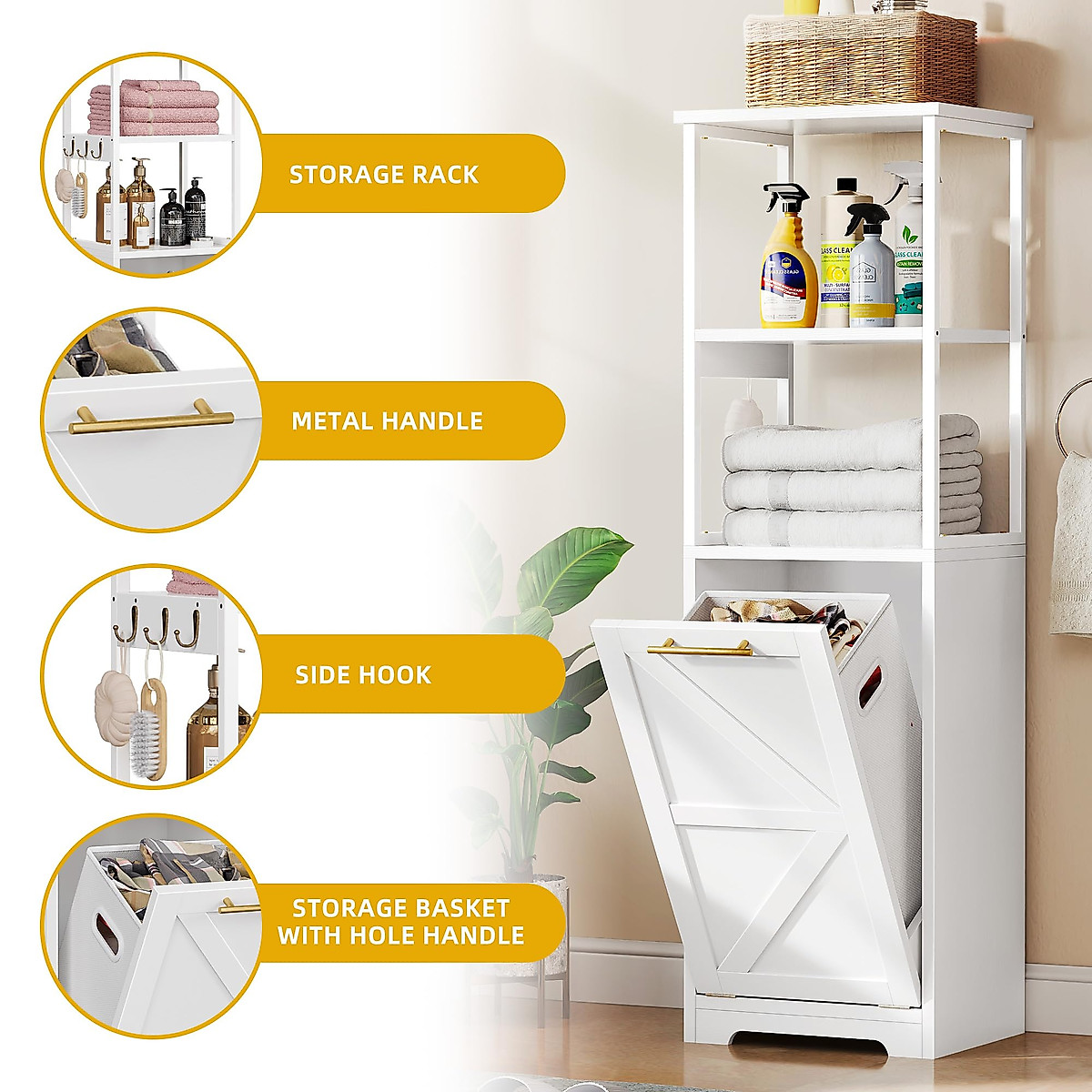 DWVO Tilt Out Laundry Hamper, Hidden Laundry Hamper Cabinet and 3-Tier Storage Shelves with Removable Laundry Basket 53" Tall Bathroom Storage Organizer for Sleeping Room, Laundry Room, White