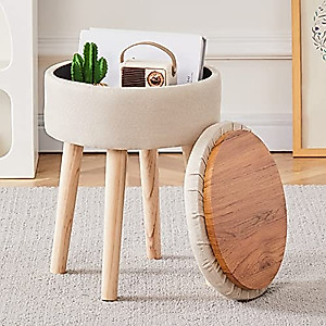 Mxfurhawa Storage Ottoman Linen Round Vanity Stool Tray Top Modern Foot Stool with Wood Legs Multifunctional Upholstered Foot Ottoman Rest for Living Room, Bathroom, Makeup (Beige)
