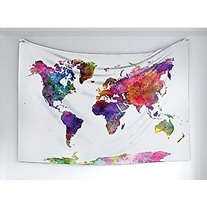 Ambesonne Watercolor Tapestry, Multicolored Hand Drawn World Map Asia Europe Africa America Geography Print, Fabric Wall Hanging Decor for Bedroom Living Room Dorm, 60" X 40", Purple Grey