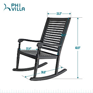 PHI VILLA Outdoor Rocking Chairs Set of 2, Acacia Wood Rocker Chairs for Patio, Deck, Balcony or Porch, 30° Safe Recline Support 350lbs - Black
