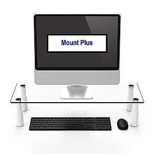 Mount Plus STB101 22.5 Inch Wide Tempered Glass Monitor Riser Desktop Stand Height Adjustable Table Top for Flat Screen LCD LED TV, Laptop, Notebook, Display (1 Pack)