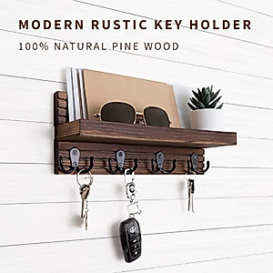 NAUMOO Natural Wooden Key Holder - Wall Mounted Mail Organizer and Key Hanger - Rustic Farmhouse Entryway Shelf with 4 Double Hooks - Decorative Rack for Car Keys, Wallet (Dark Brown)