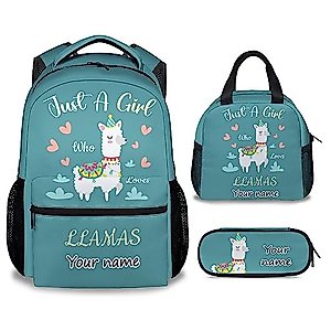 Personalized Llama Backpack with Lunch Box Set for Girls Boys, 3 in 1 Primary Middle School Backpacks Matching Combo, Large Capacity, Durable, Lightweight, Teal Bookbag and Pencil Case Bundle