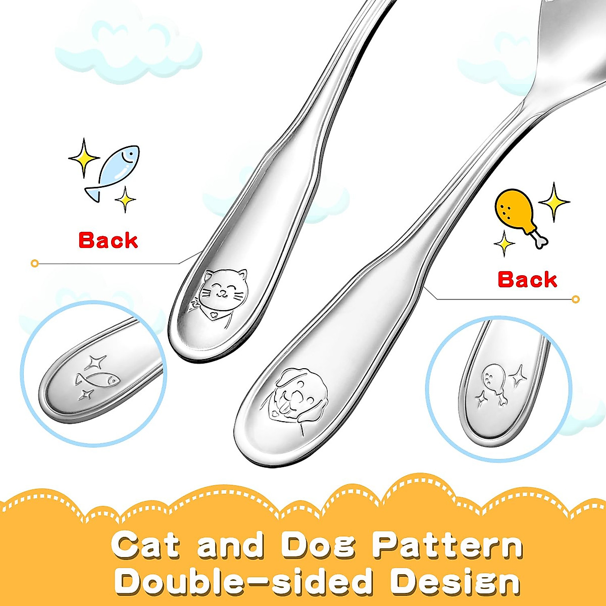 Toddler-Utensils-Kids-Silverware-Set, 8 PCS 18/10 Stainless Steel Toddler Forks and Spoons, Round Edges Children Cutlery Set with Dog & Cat Pattern, Non-slip Fork, Mirror Polished, Dishwasher Safe