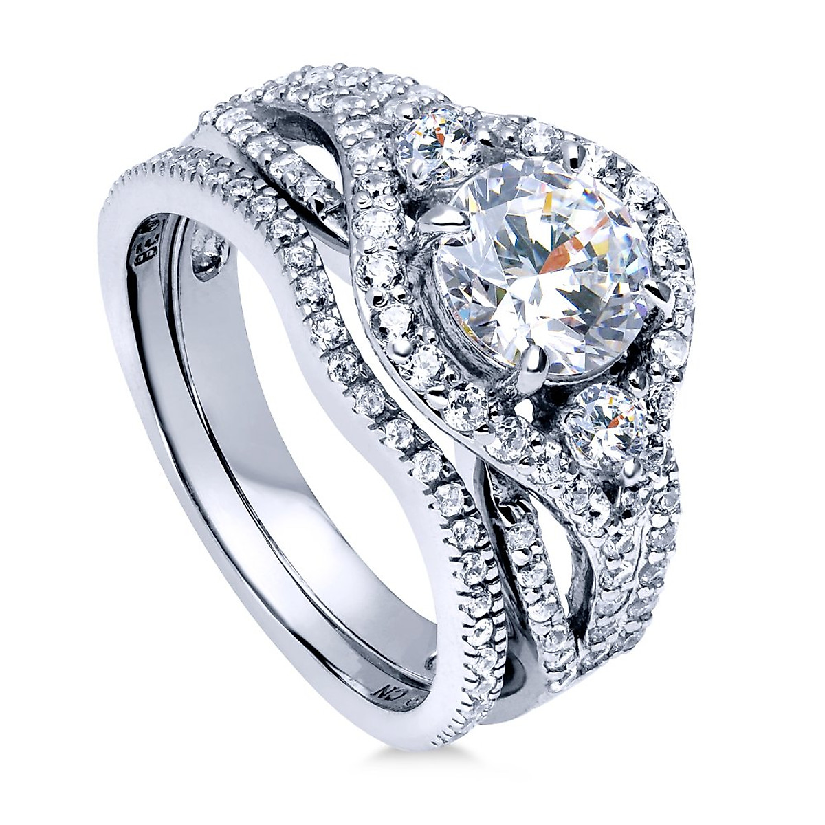 BERRICLE Sterling Silver 3-Stone Wedding Engagement Rings Round Cubic Zirconia CZ Ring Set for Women, Rhodium Plated Size 9