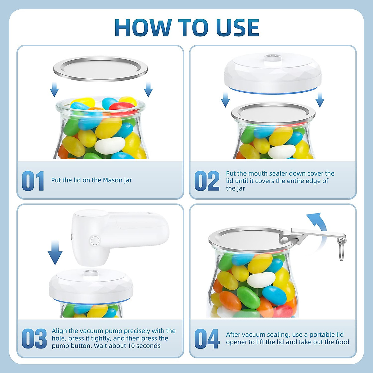 Mason Jar Vacuum Sealer Food Saver Jar Sealer 6 in 1 Electric Handheld Vacuum Sealer Air Pump for Wide and Regular Mouth Mason Jar Compatible with Food Saver Vacuum Sealer Machine (White)