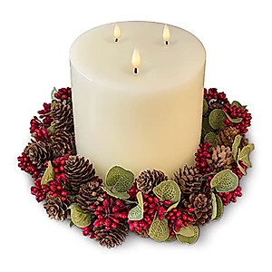 Large Candle Rings Wreaths Candle Ring, Fits 6 in Pillar Candles, Small Wreath with Red Berry, 11 Inch Farmhouse Wreath with 6 Inch Center, Fall Wreaths Indoor 3 Wick Candle Decor