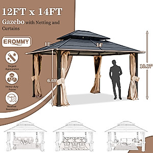 EROMMY 12'x14' Metal Steel Gazebo, Outdoor Aluminum Hardtop Canopy with Netting and Shaded Curtains, Double Roof Pergolas, Permanent Metal Pavilion for Patio, Backyard, Deck and Lawns Dark Bronze