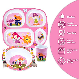 5 Pc Mealtime Set for Kids & Toddlers, Fairy Theme-Includes Divided Plate Cup Bowl Fork Spoon-Dishwasher Safe, BPA Free-Cute Compartment Dish to Put Food in 4 Sections for Easy Self-Feeding- XMAS Gift