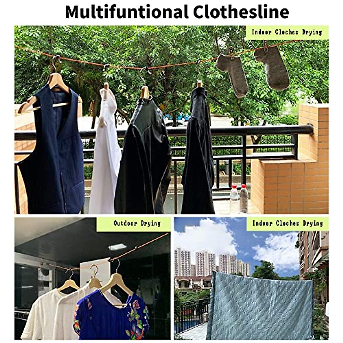 QeeHeng Camping Retractable Clothesline,Adjustable 26ft Camping Clothesline,with 20 Windproof Clothespins,10 Stoppers