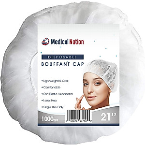Medical Nation 21" Disposable Bouffant Caps |CASE OF 1000, WHITE| Hairnets, Non-Woven, Non-Pleated Head Hair Covers |For Medical, Labs, Nurse, Tattoo, Food Service, Hospital, Cooking - Size 21" White