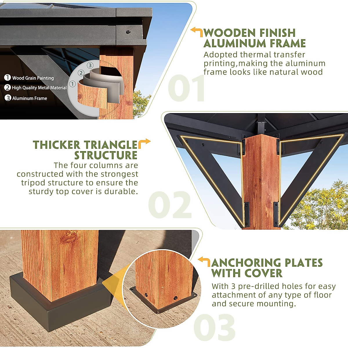 EROMMY 12'x14' Hardtop Gazebo, Galvanized Steel Top with Wood Grain Aluminum Frame, Permanent Metal Pavilion with Three-Layer Storage Shelves for Patio, Backyard, Deck and Lawns