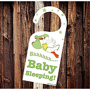 Cute News Shhh Baby Sleeping Door Hanger Sign, Do not Disturb/Knock/Ring Plaque, Be Quiet Newborn Announcement, Gender Neutral Stork Pregnancy Gift, Green
