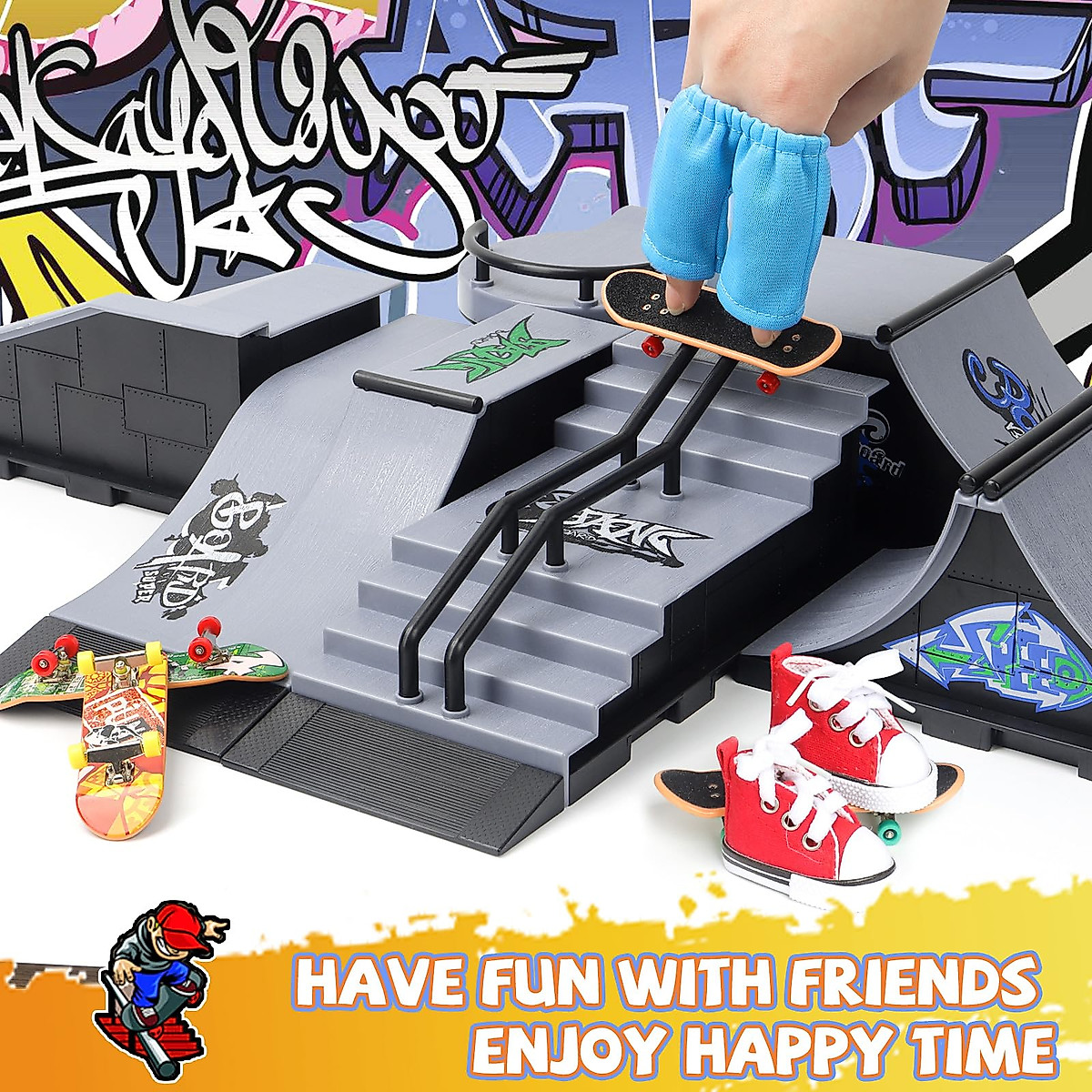 KETIEE Mini Finger Skateboard Ramp, Skate Park Kit with Fingerboard & Mini Finger Shorts for Fingerboards Training Props Interactive Freestyle Skate Game, Finger Skateboards for Kids (A, Red)