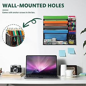 File Organizor Wall Mounted 4 Tiers Durable Adjustable Metal Vertical Hanging With 4 Pen Slots Stable R-shaped Bottom 4 Pull-out Devider to Sort File, Mail, Newspaper,Pen, Suitable for Office,Black