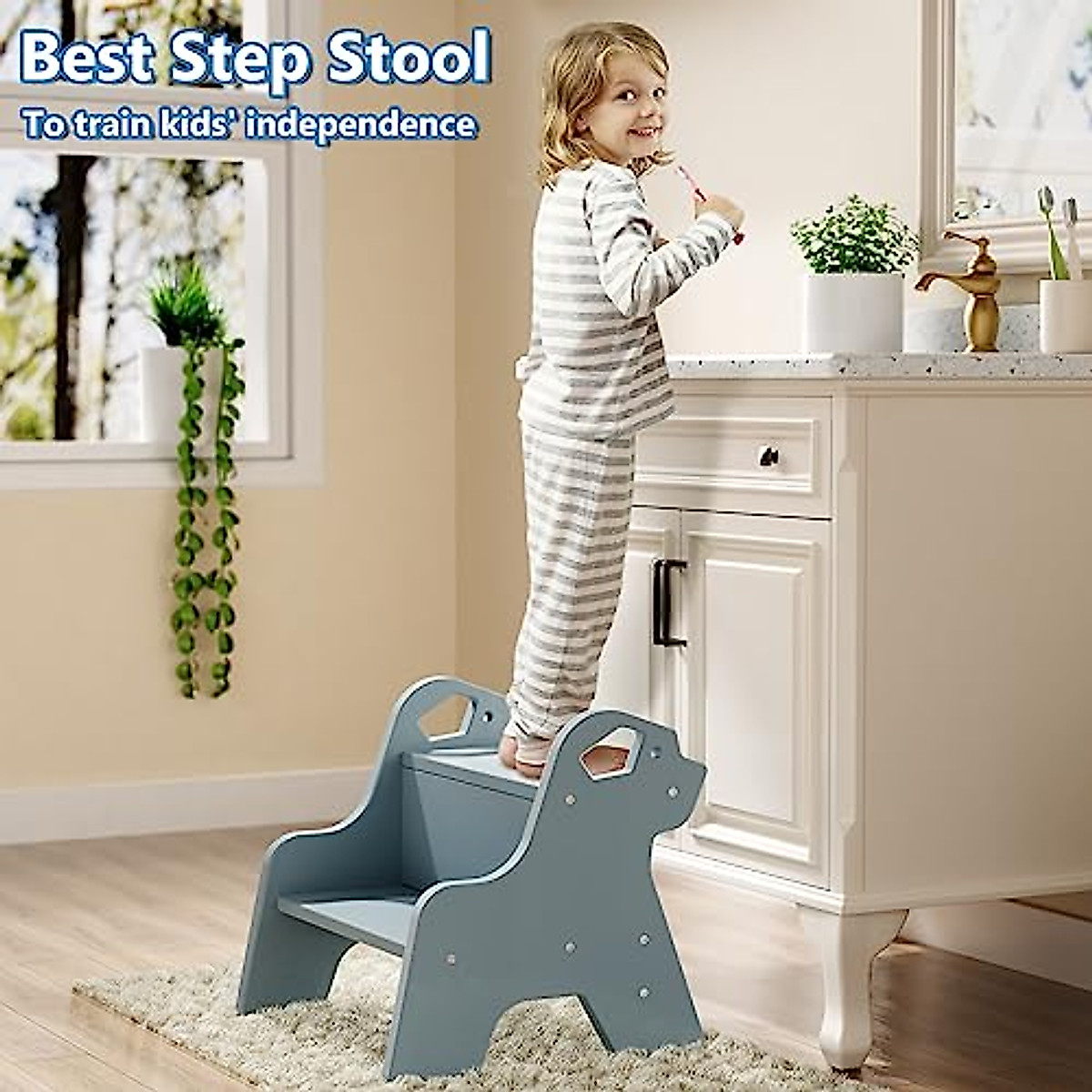 Jemyda 2 Step Stool for Kids, Toddler Step Stool for Bathroom Sink, Non-Slip Kid Stool for Toilet Potty Training, Durable Sturdy Step Stool for Kitchen (Grey Dog)