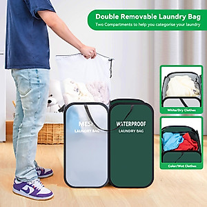 Pop Up Laundry Basket with Waterproof Wash Bag & Removable Mesh Bag, 2 Compartments Collapsible Laundry Hamper, Large Tall Clothes Sorter Storage Organizer for Bedroom Bathroom Home Apartment Travel