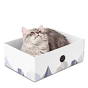 Conlun Cat Scratcher Box with Cat Scratching Pad Portable 3-Layer Corrugated Cardboard Lounger Heavy-Duty Double-Sided Cardboard Cat Scratcher and Interactive Hole Design White (Medium)