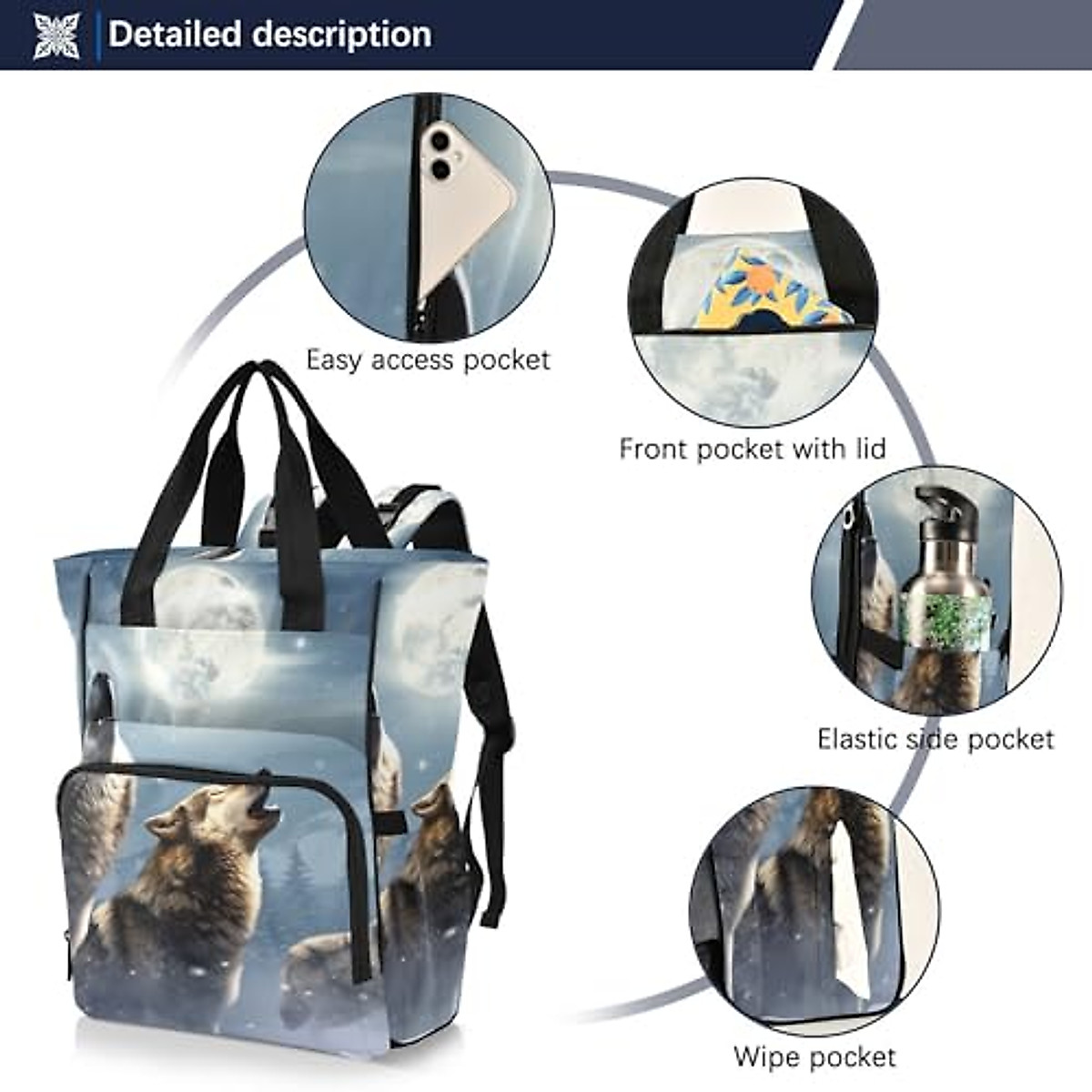 xigua Howling Wolves Diaper Bag Backpack Multi Function Baby Changing Bags Waterproof Large Capacity Travel Back Pack for Mom Dad
