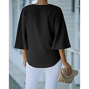 luvamia Women's V Neck Tops Ruffle 3/4 Sleeve Tie Knot Blouses Button Down Shirts, Black Button Down Size XL