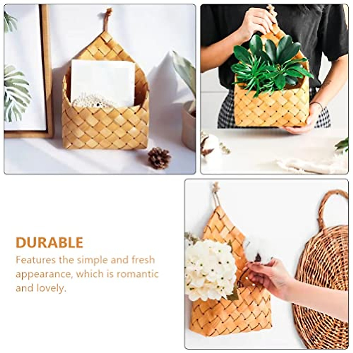 Cabilock Air Plants Hanging wicker basket Hand- Woven Wood Storage Basket Magazine Basket Wall Hanging Flower Holder Wooden Plants Basket for Plants Succulent Wall Decor
