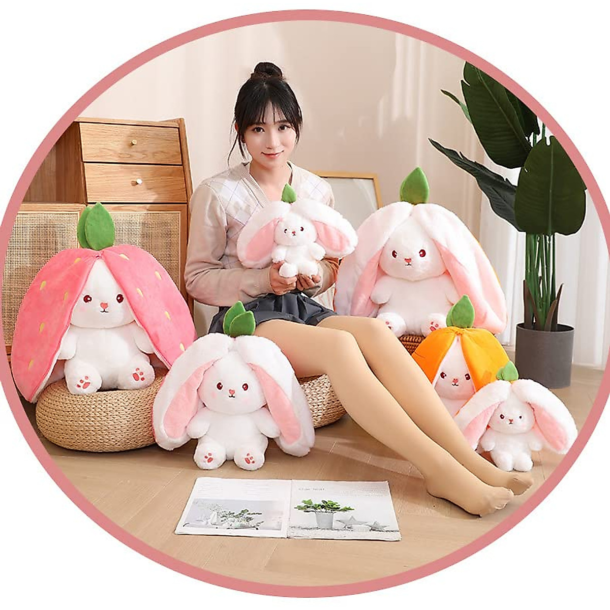 Xeletu Easter Stuffed Cute Bunny，Easter Stuffed Cute Bunny Plush Pillow Toys，Reversible Floppy Ear Bunny Plushie Bunny Plush Pillow，Carrot Strawberry Bunny Pillow Plush Toy (Strawberry, 7.1in)