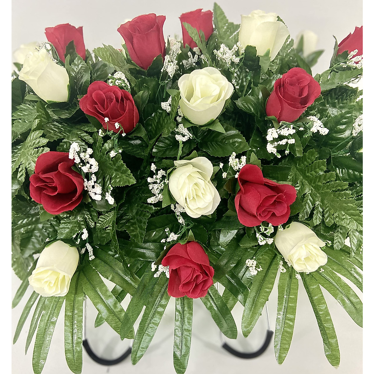 Cemetery Headstone Saddle Flower Arrangement in Red and Cream Roses-Grave Marker Decoration, Sympathy Flowers