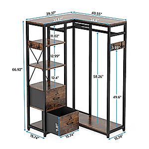 Tribesigns Corner Clothes Rack, L Shaped Garment Rack with Shelves and 2 Fabric Drawers, Industrial Freestanding Closet Organizer,Heavy Duty Clothing Rack for hanging clothes,Bedroom,Corner