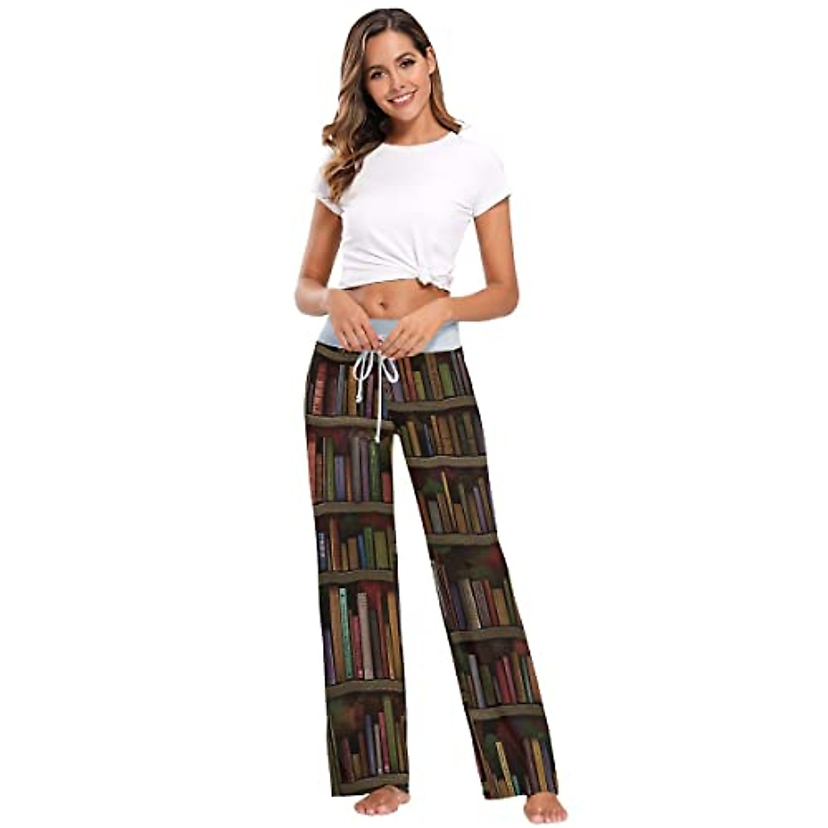 Aeoiba Women's Pajamas Comfy Pajama Lounge Pants Vintage Library Bookshelf Bookcase Book Drawstring Wide Leg Palazzo Pants, Large