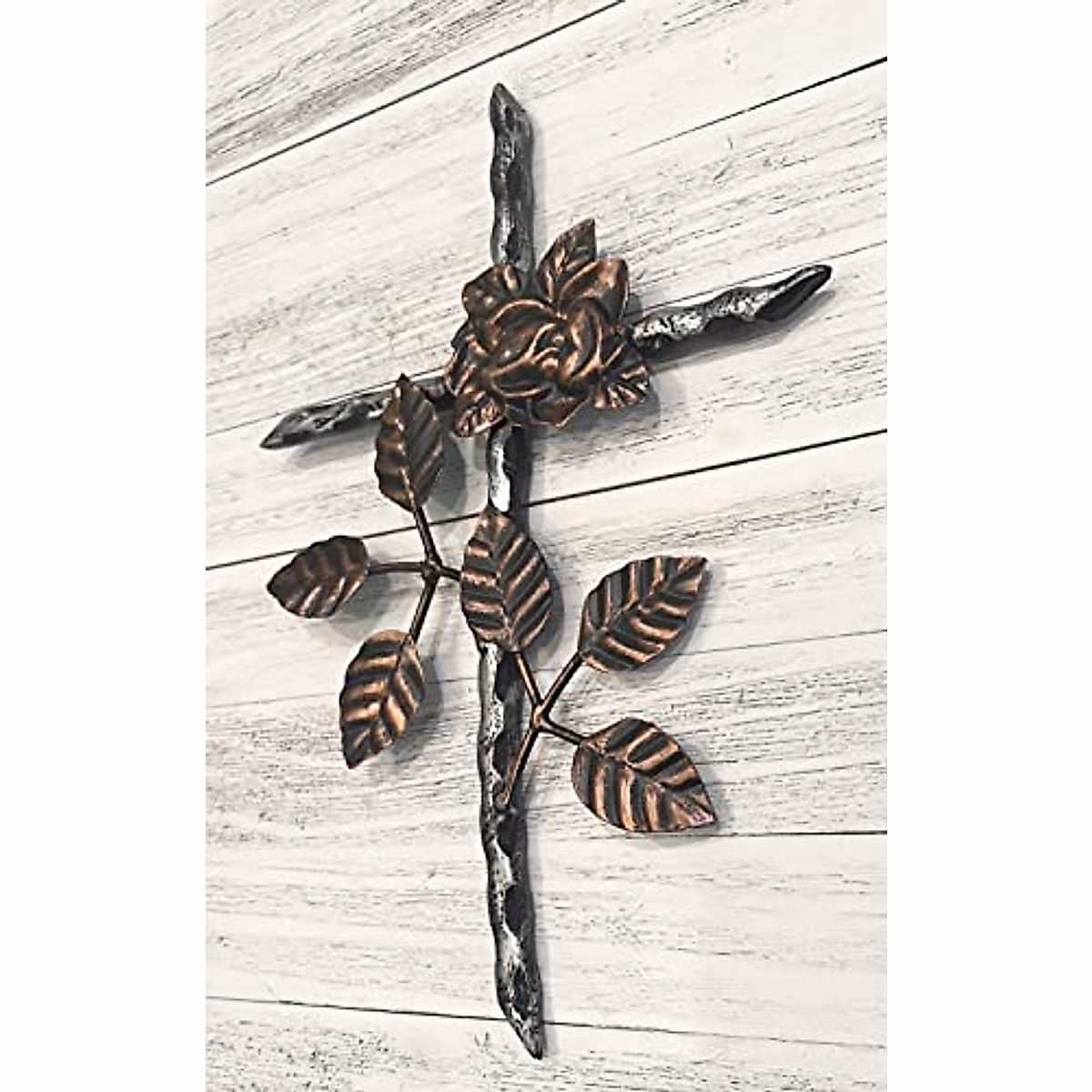 Top Brass Decorative Floral Wall Cross - Welded Wrought Iron - Leaves, Branches and Flowers Religious Metal Art Sculpture - Antique Silver/Copper Finish (Leaves and Rose)