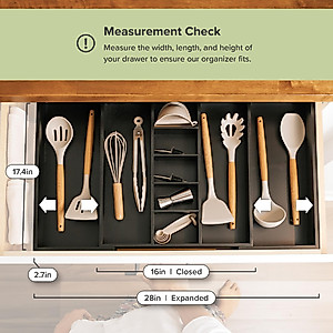 KitchenEdge Adjustable Kitchen Drawer Organizer for Utensils and Junk, Food-Safe Contract Grade with 100% Sustainable Wood, Non-Slip, Expandable from 16 to 28 Inches Wide - Black Bamboo