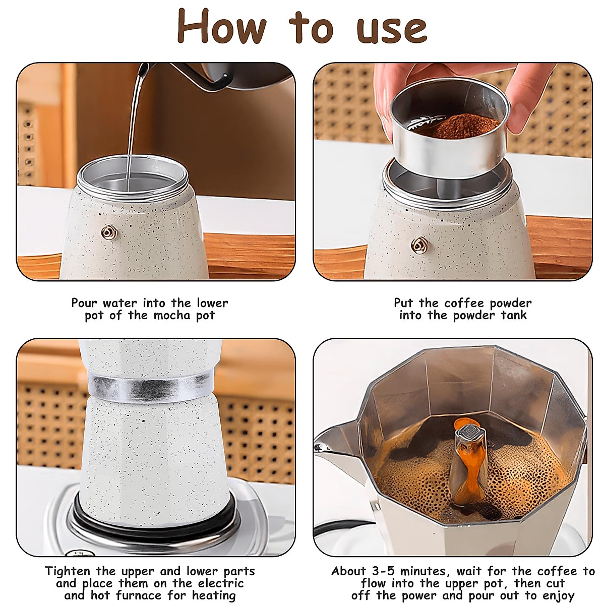 SHANGSKY Espresso Maker Italian Coffee Maker 10oz, Stovetop Coffee Maker Cafetera Italiana Aluminum Mocha Pot with Wooden Handle, Stove Top Espresso Machine (White)