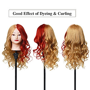 LNASI Mannequin Head 24-26 inch 100% human hair Styling Training Head Cosmetology Manikin Head Doll Head for Hairdresser with Free Clamp strawberry blonde