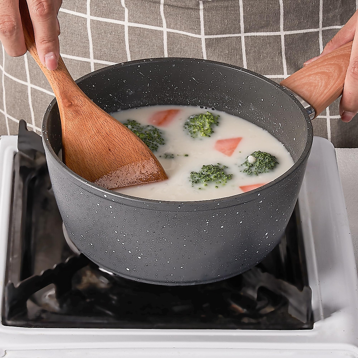 SUPEER 2-Quart Pot with Glass Lid&Wooden Handle,Soup Pan Milk Pan,Non-Stick Cookware for Electric,Induction and Gas Stoves.PFOA Free,Dark Gray